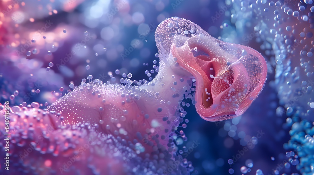 translucent, organic form floats amidst a sea of iridescent bubbles ...