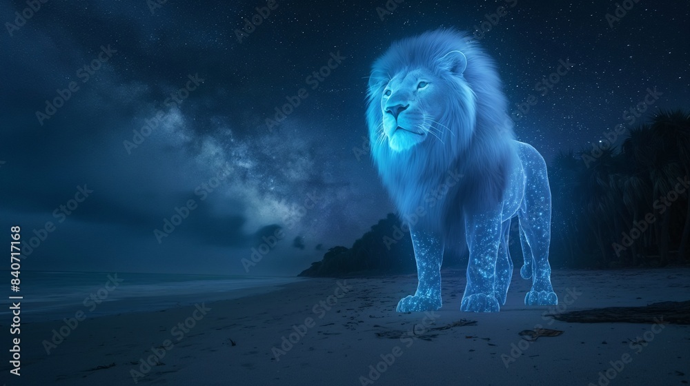 High resolution images A giant lion made of glowing light, standing ...
