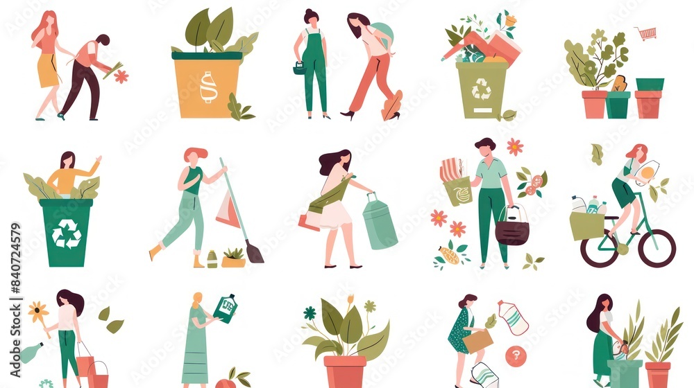 people collecting trash into recycling garbage bin on white background ...