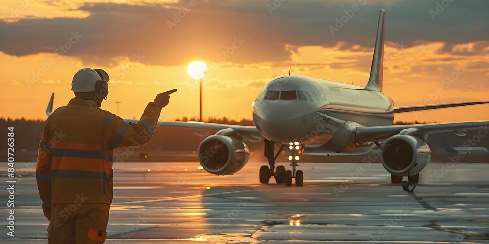 Ground crew signals marshaller to guide aircraft during airport ...