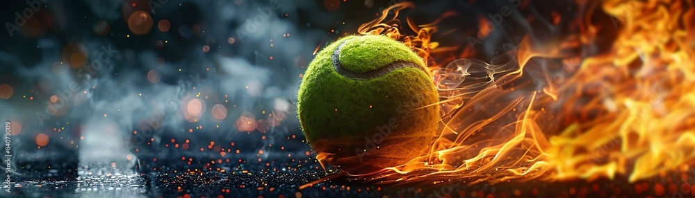 Tennis ball burning, black backdrop, bright fire, motion blur ...