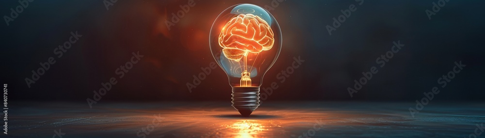Light bulb with glowing brain inside, white background, concept of ...