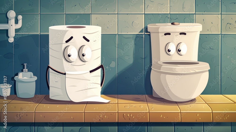 a vector cartoon illustration depicting a toilet paper roll and a ...