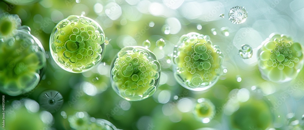 Green biocells, white background, vibrant and translucent, detailed ...