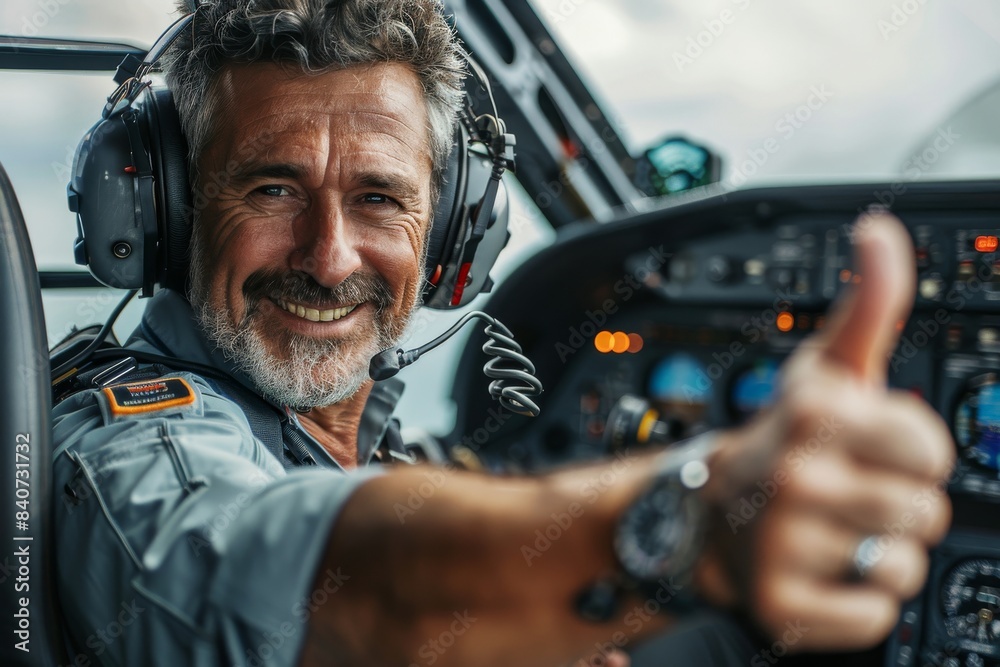 Confident pilot with thumbs up signaling readiness for takeoff in ...
