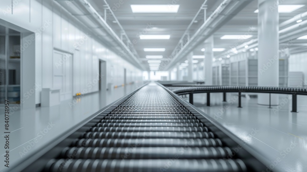 Automated conveyor belt in a sterile factory environment transporting ...