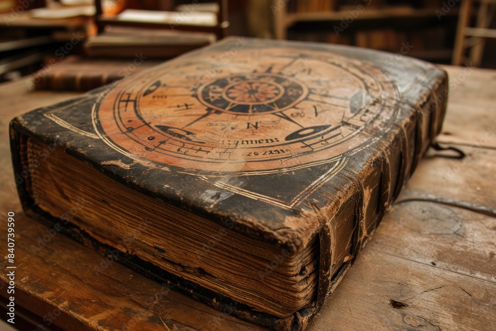 Ancient, inscribed, weathered book., An ancient book with a worn ...
