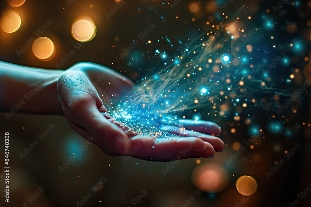 Sparkling magical light on palm, parallel universe where everyday ...