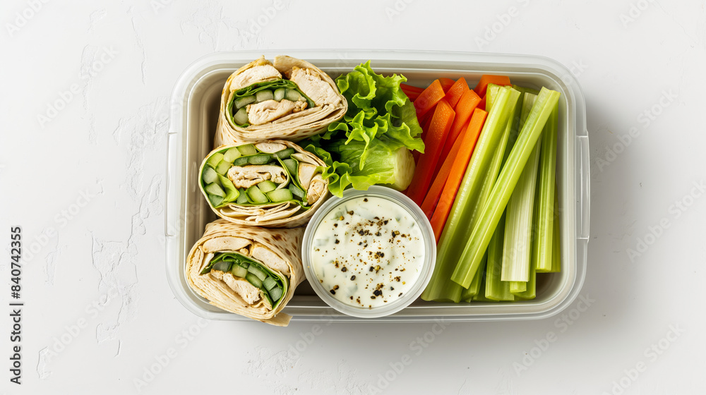 Overhead view of a healthy lunch box with a chicken wrap, celery sticks ...