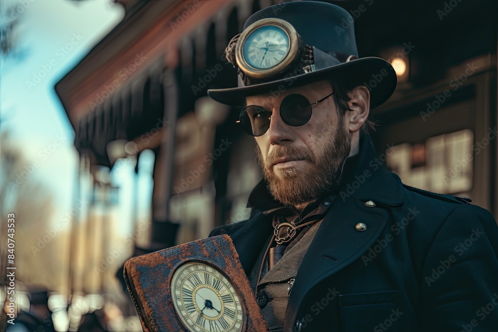 Explorer with compass backpack before map, time traveling adventurer ...