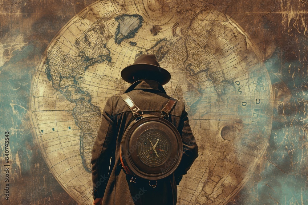 Explorer with compass backpack before map, time traveling adventurer ...