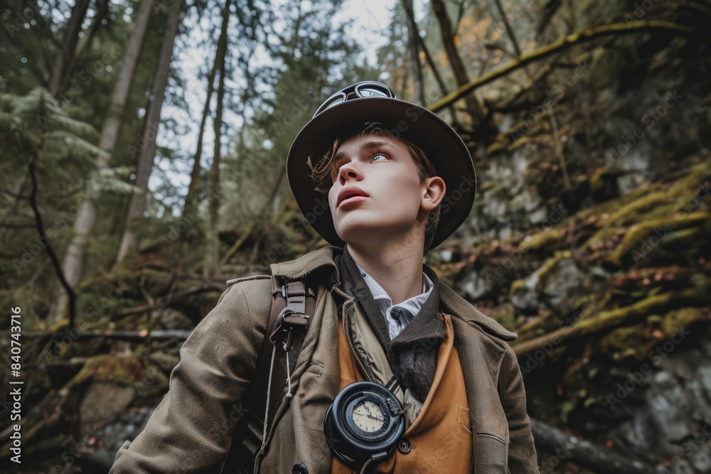 Explorer with compass backpack before map, time traveling adventurer ...