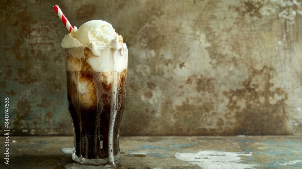 Coke Float, a vintage-style photograph. A tall glass filled with creamy ...