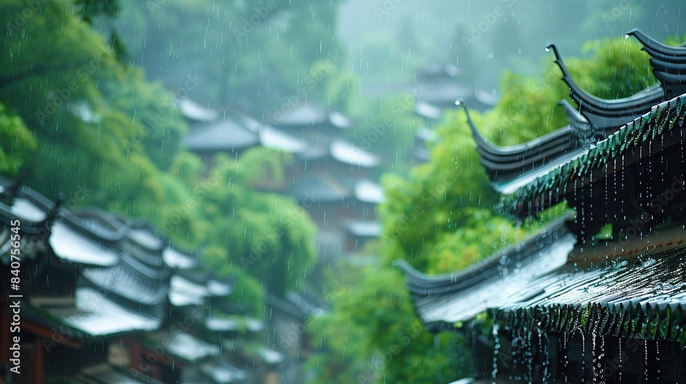 Rainwater dripping from the roof of a traditional ancient Chinese ...