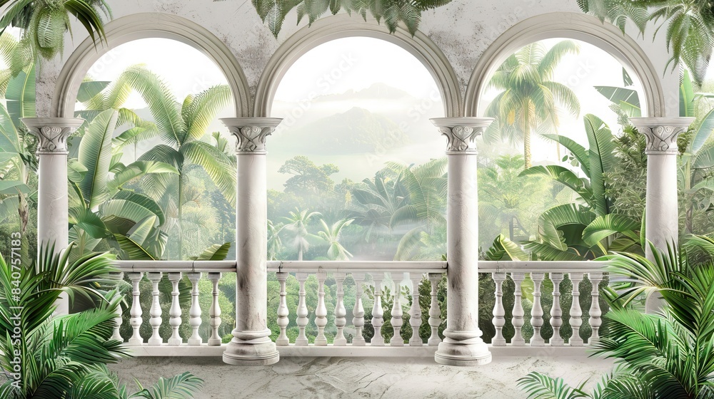 Drawn tropical, exotic plants and leaves among the columns. Floral ...