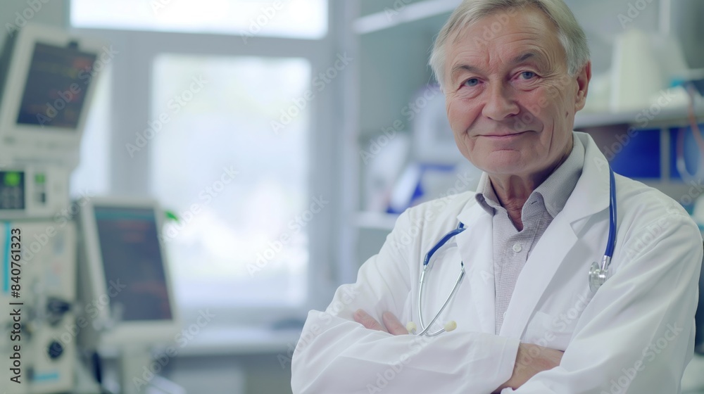 Elderly Male Russian Doctor Smiling Gently in a Well-Equipped Medical ...