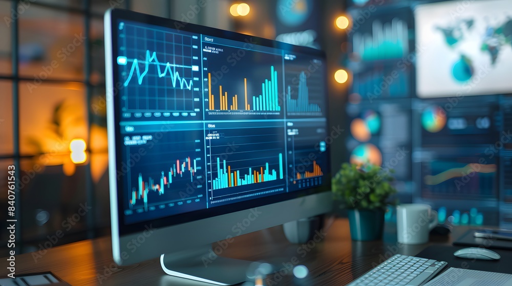 Multiple computer monitors displaying data analysis graphs and charts ...