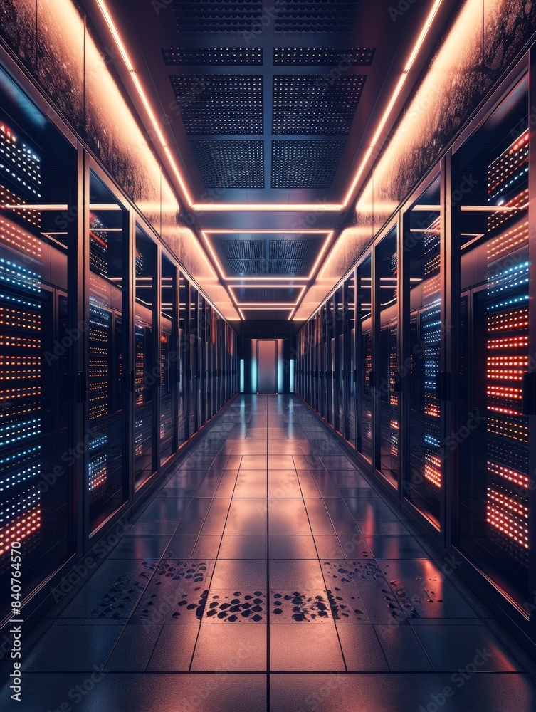 Server room with rows of rack-mounted servers. Supercomputer or ...