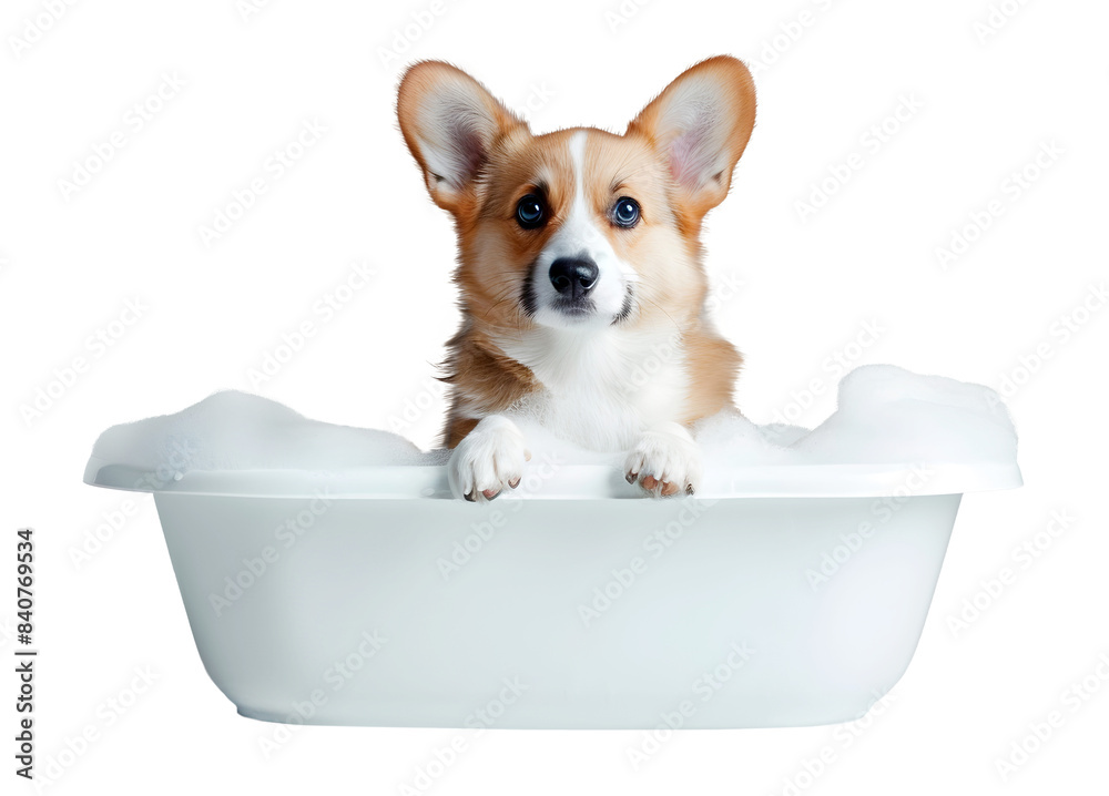 Cute Corgi dog in a bath with foam, isolated on transparent background ...