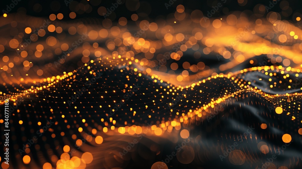 Depth of field and bokeh effects with golden glowing particles forming ...