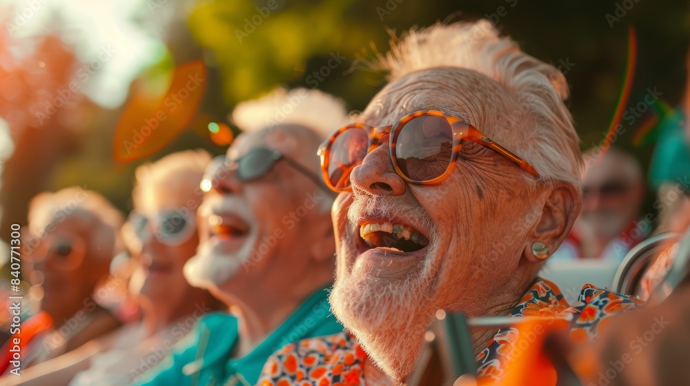 A group of seniors enjoying a day at the amusement park, riding roller ...