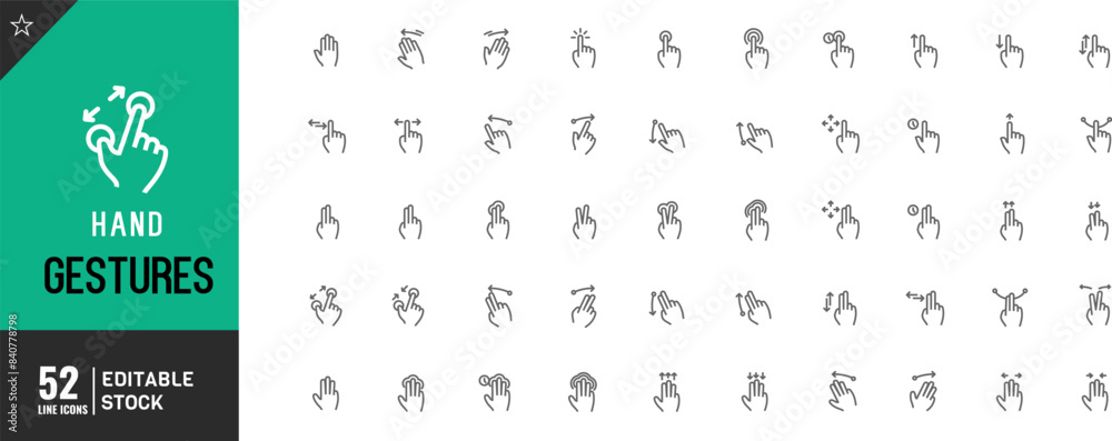 Editable Hand gesture line icon set. fingers interaction, Biometric ...