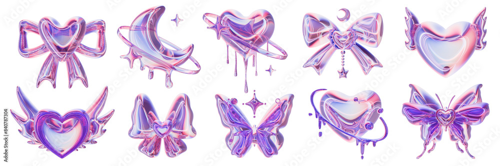 3D gloss y2k icon set, futuristic holographic cute romantic reflective ...