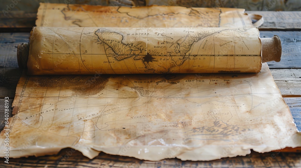Ilustracja Stock: Historical Map: A yellowed historical map is rolled ...