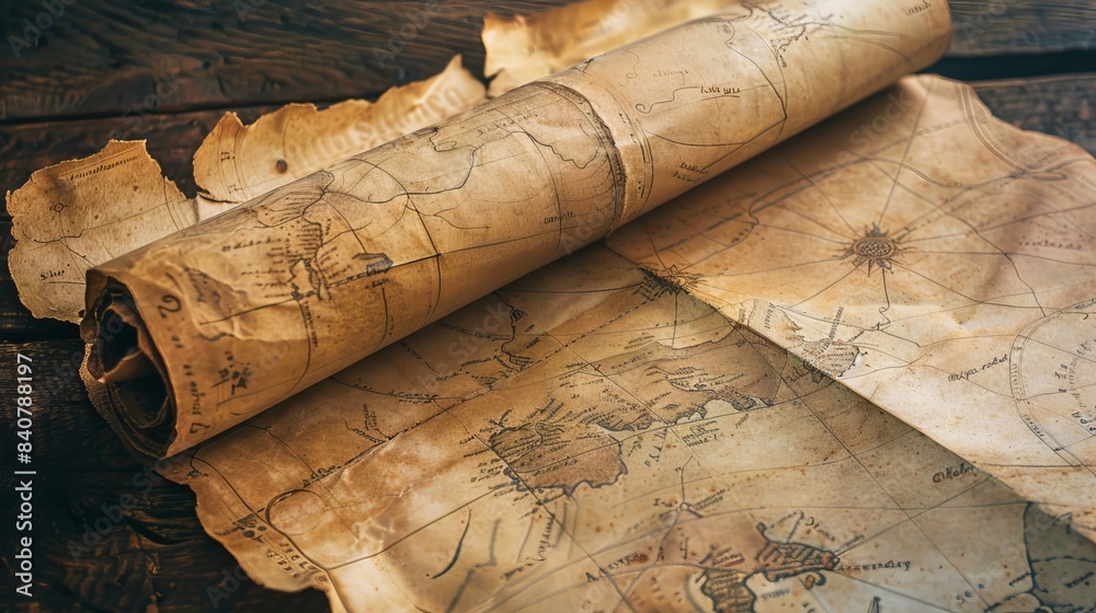 Historical Map: A yellowed historical map is rolled up in an old scroll ...
