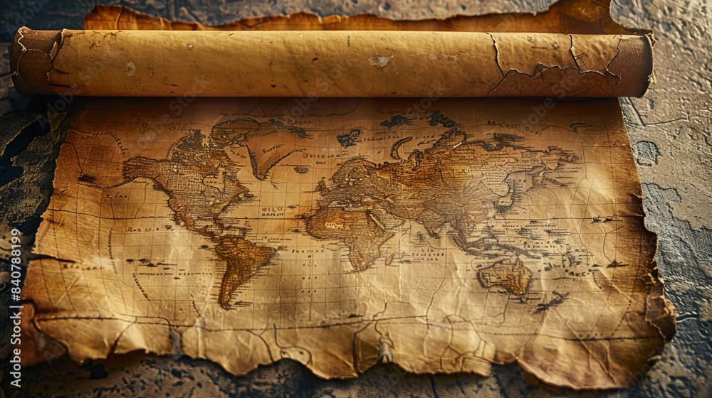 Historical Map: A yellowed historical map is rolled up in an old scroll ...