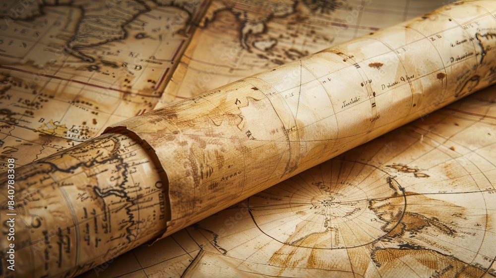 Historical Map: A yellowed historical map is rolled up in an old scroll ...