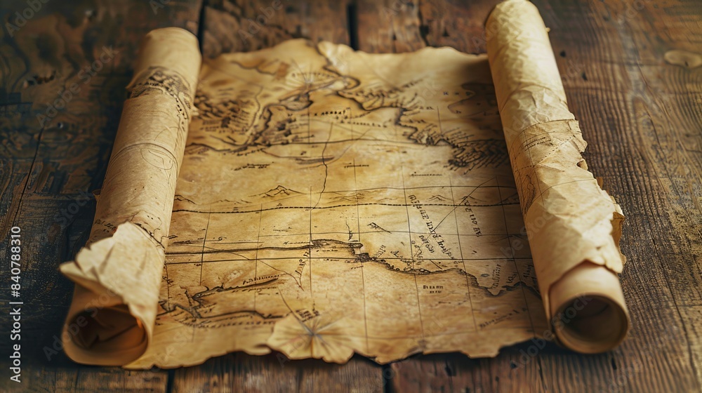 Historical Map: A yellowed historical map is rolled up in an old scroll ...