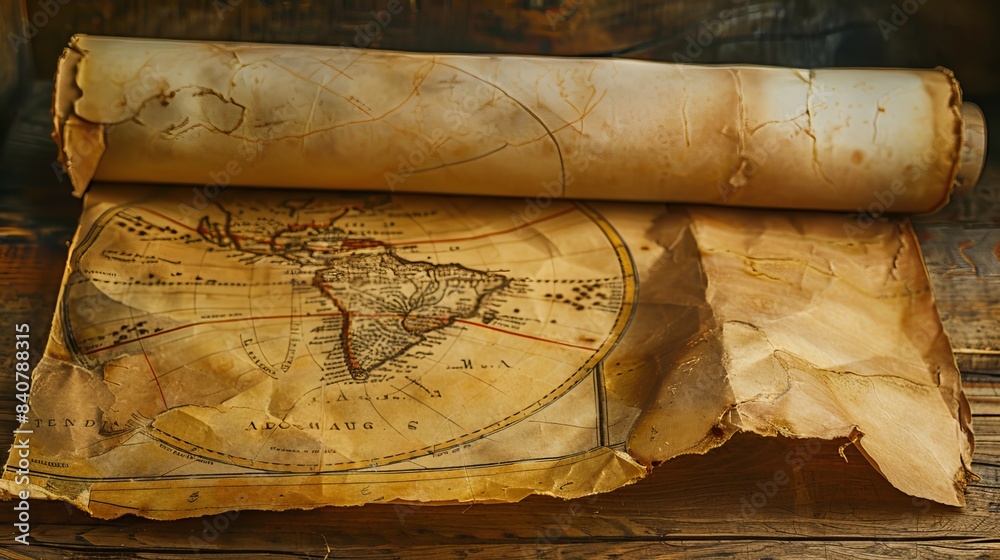 Historical Map: A yellowed historical map is rolled up in an old scroll ...