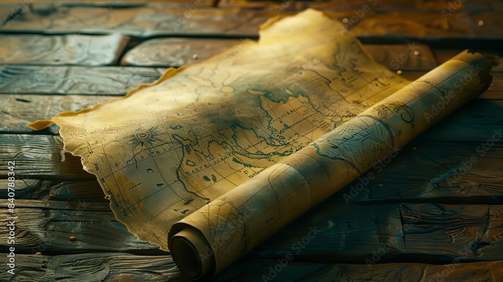 Historical Map: A yellowed historical map is rolled up in an old scroll ...
