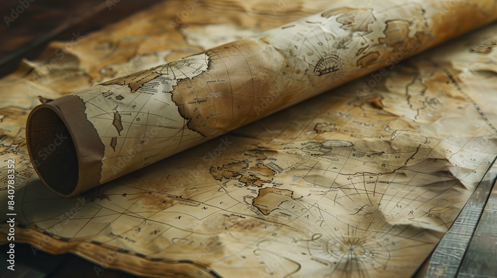 Historical Map: A yellowed historical map is rolled up in an old scroll ...