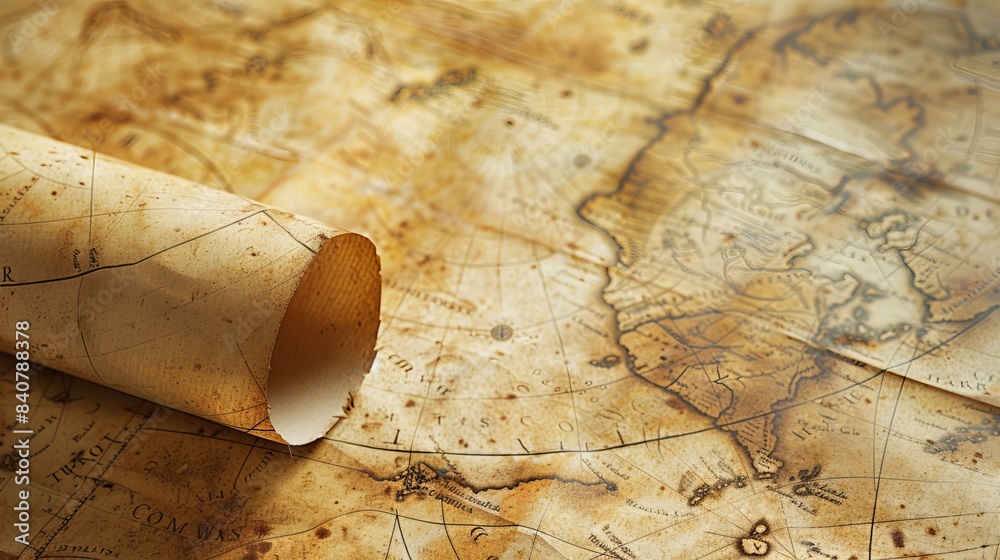 Historical Map: A yellowed historical map is rolled up in an old scroll ...