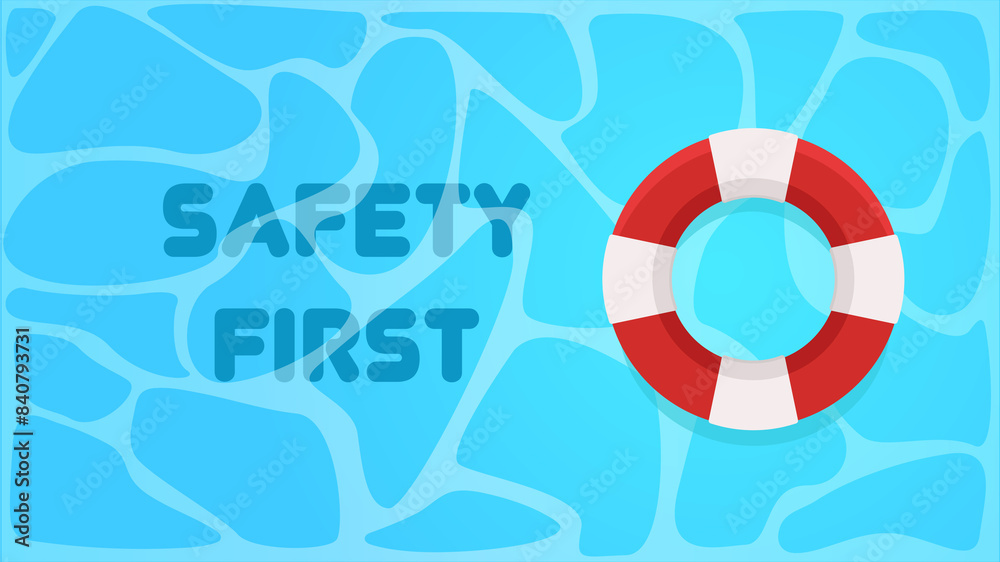Safety first. Life buoy in swimming pool with clean blue water. Safety ...