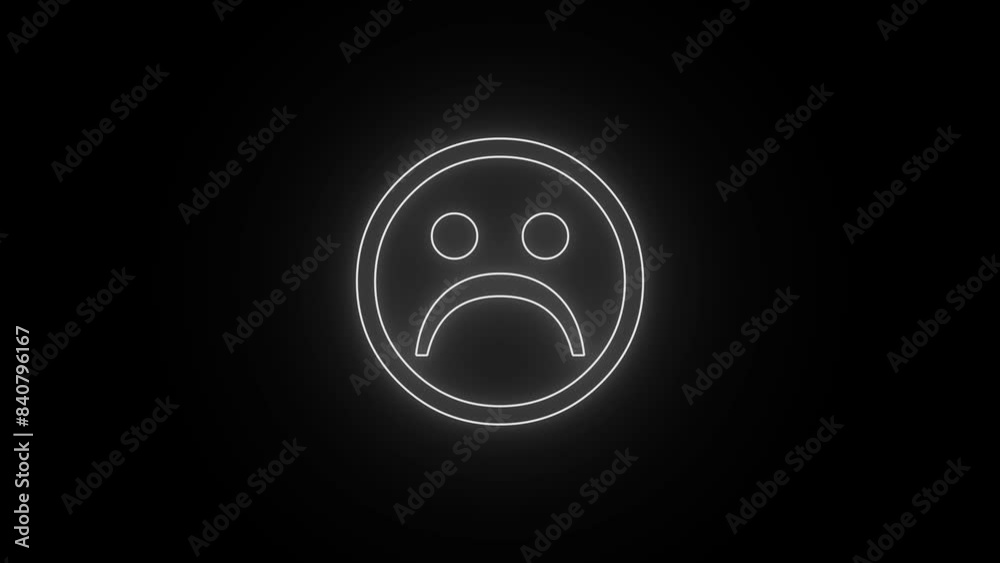 Glowing white neon sad smile symbol animation. Sad emoji facial ...