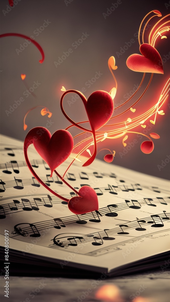 A close-up sheet of music with breathtaking heart-shaped notes that ...