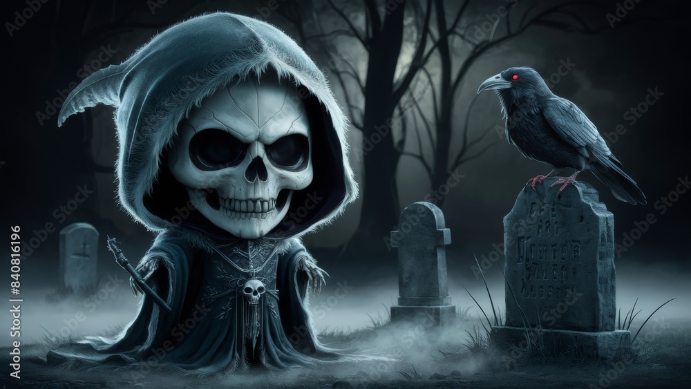 An image of a grim reaper with a hooded skull, eye sockets and a ...
