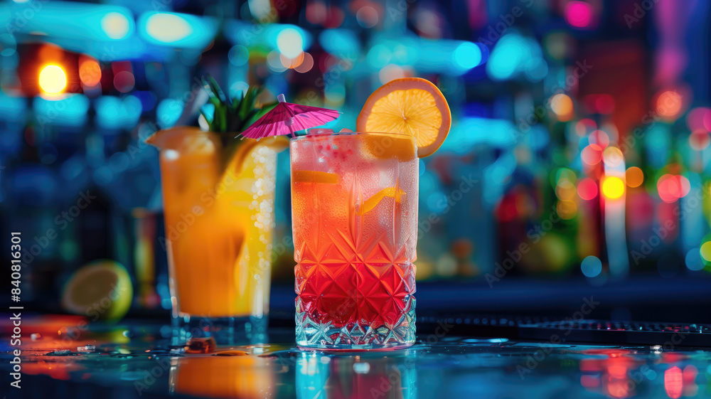 Colorful cocktails in a glass on the bar counter, neon lights on dark ...