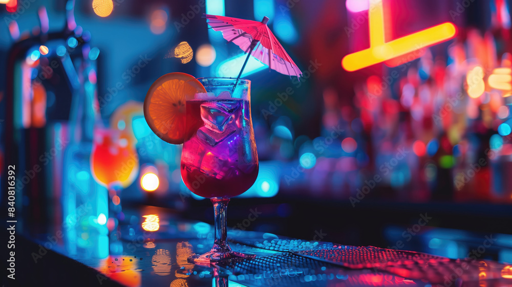 Colorful cocktails in a glass on the bar counter, neon lights on dark ...