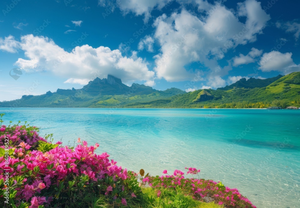 Beautiful beach with turquoise water and lush green mountains in Bora ...