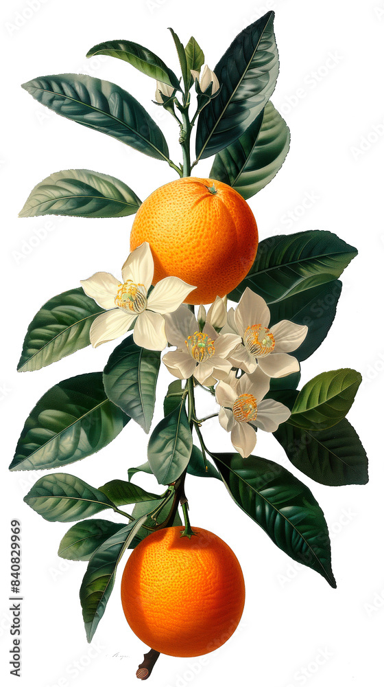 Vintage-style botanical illustration featuring clementine fruit and ...