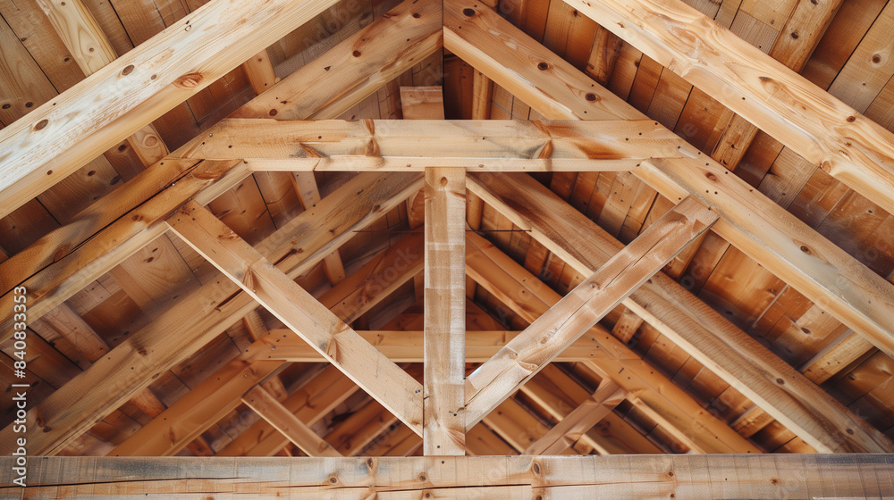 Wooden roof trusses under construction, made of solid structural beams ...
