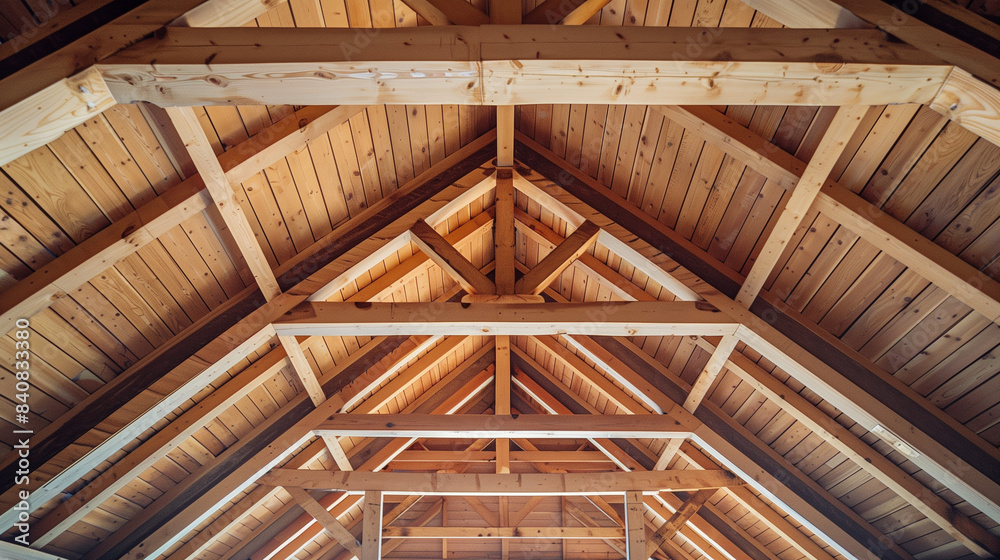 Wooden roof trusses under construction, made of solid structural beams ...
