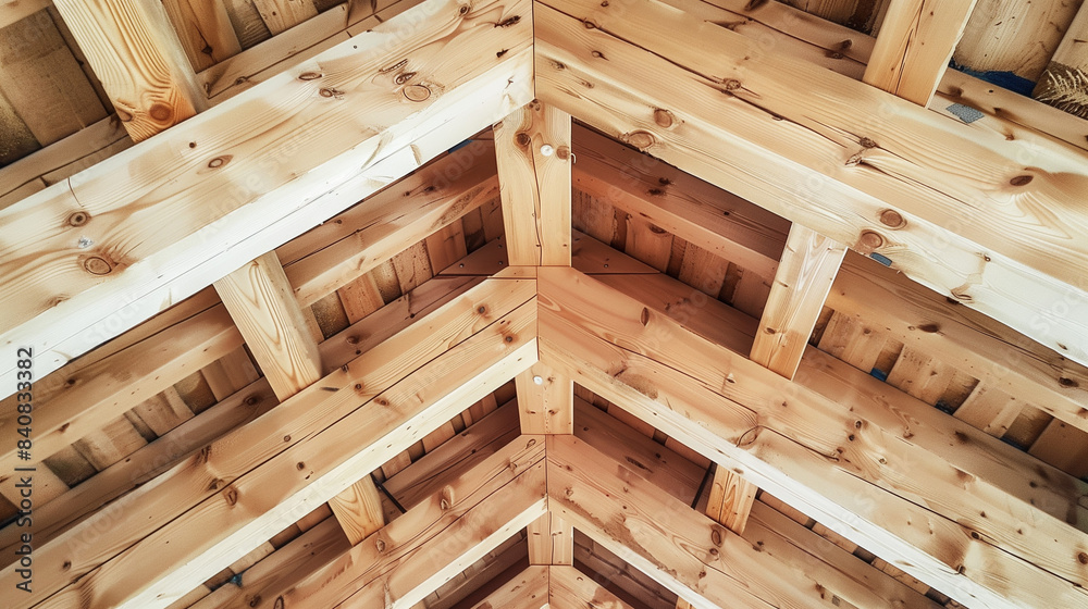 Wooden roof trusses under construction, made of solid structural beams ...