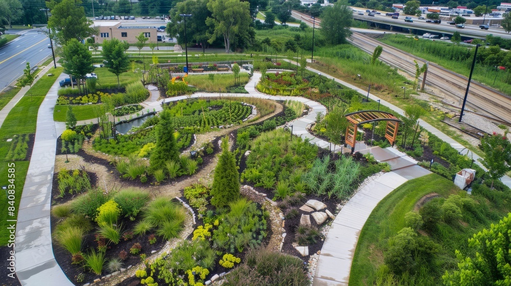 An aerial photograph showcasing an urban green infrastructure project ...