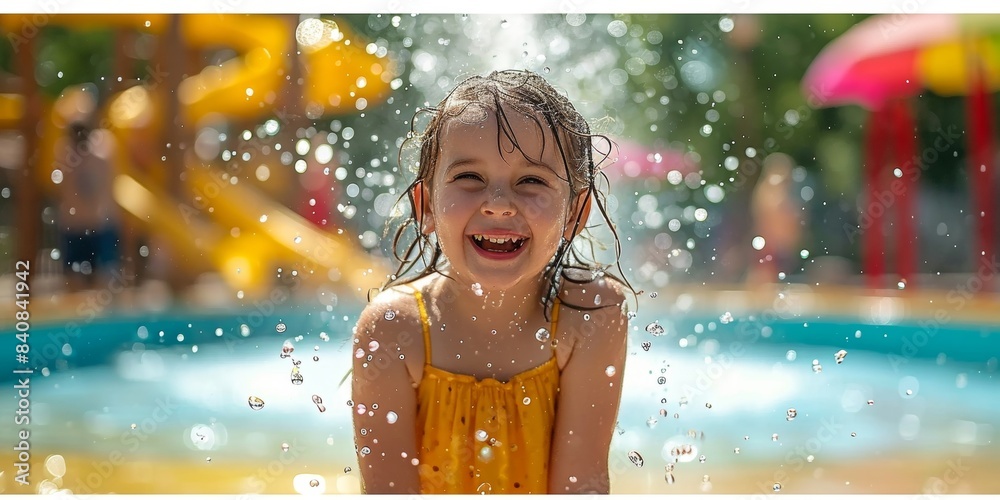 Foto de Funny Caucasian girl playing on splash pad playground, a summer ...