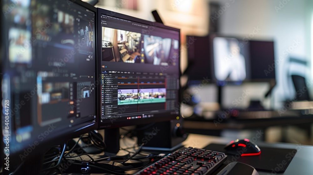 A close-up of a computer monitor displaying a video editing timeline ...